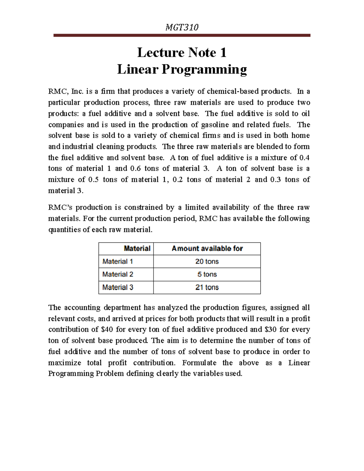 MGT Lecture Note 1: Introduction to Linear Programming Concepts - Studocu