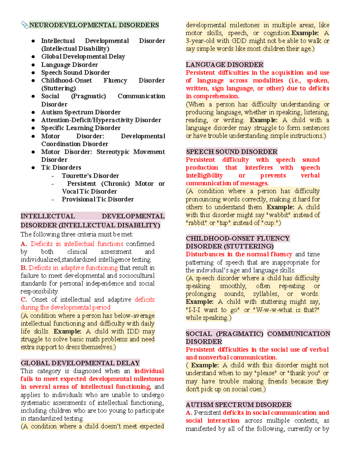 Neurodevelopmental Disorders Overview: From Assessment to Treatment - Studocu