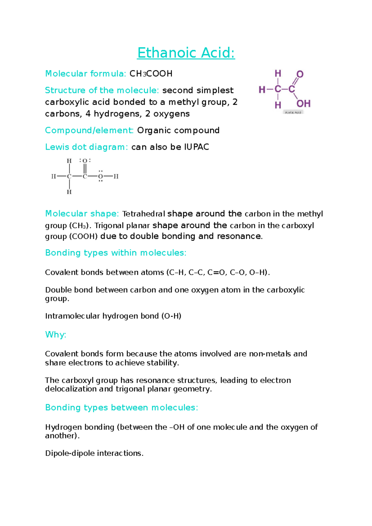 Ethanoic Acid (CH3COOH): Structure, Properties & Uses - Studocu