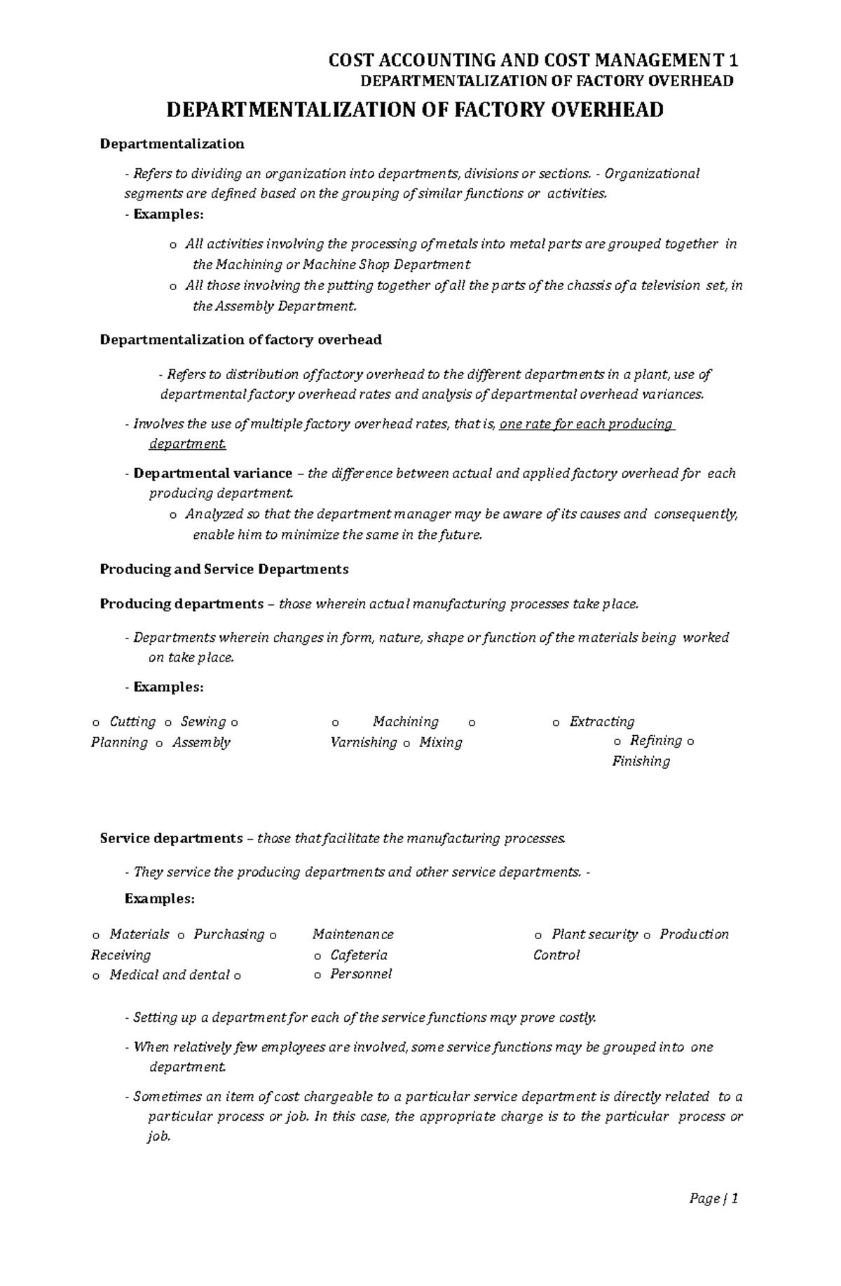 Departmentalization of Factory Overhead in Cost Acc & Management - Studocu