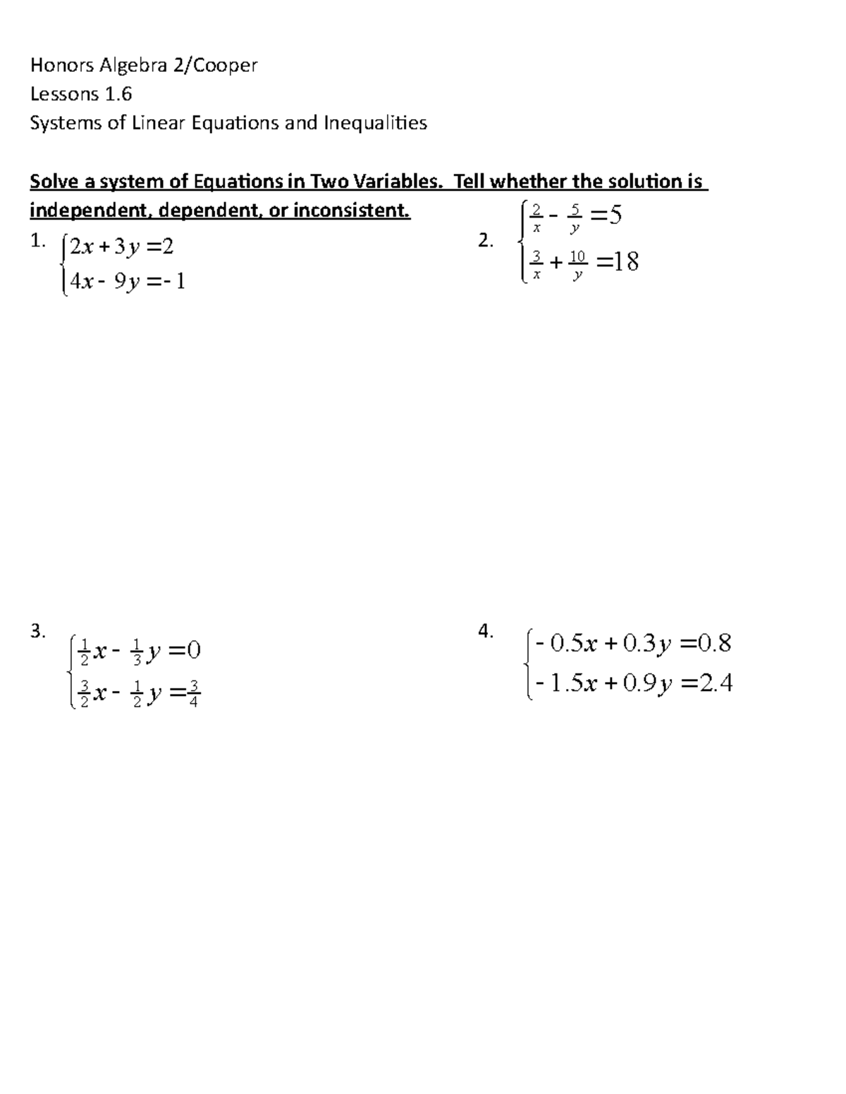 1.6Worksheetsolvinglinearsystems - Honors Algebra 2/Cooper Lessons 1 ...