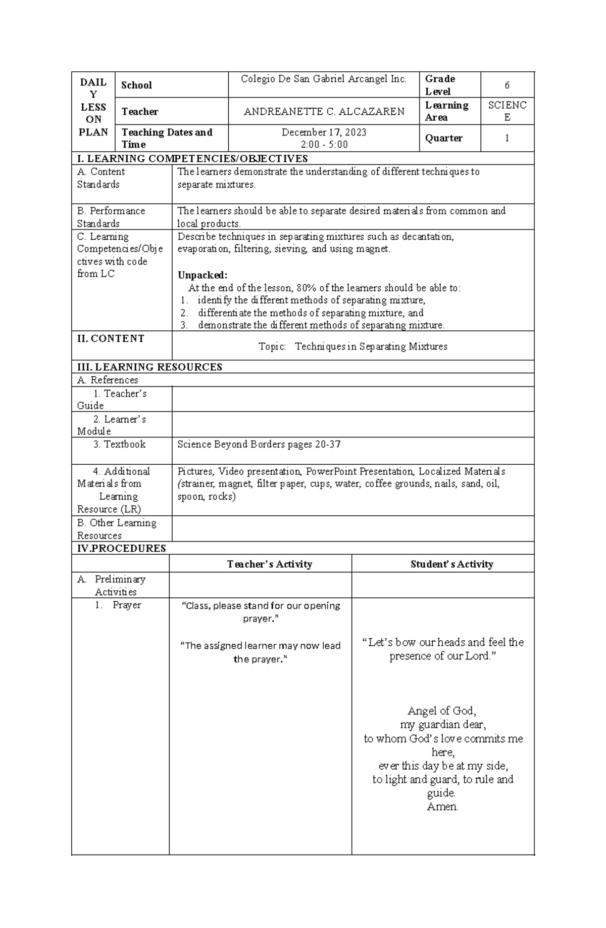7Es-DLP-Sample Lesson Plan: Techniques for Separating Mixtures - Studocu