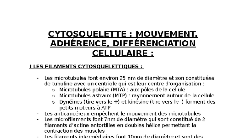 CYT 101 : Notes sur le Cytosquelette et ses Fonctions - Studocu