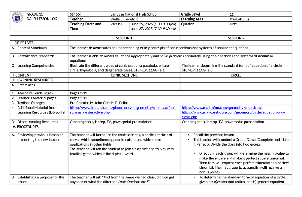 GRADE 11 PRE-CALCULUS DAILY LESSON LOG: CONIC SECTIONS & EQUATIONS ...