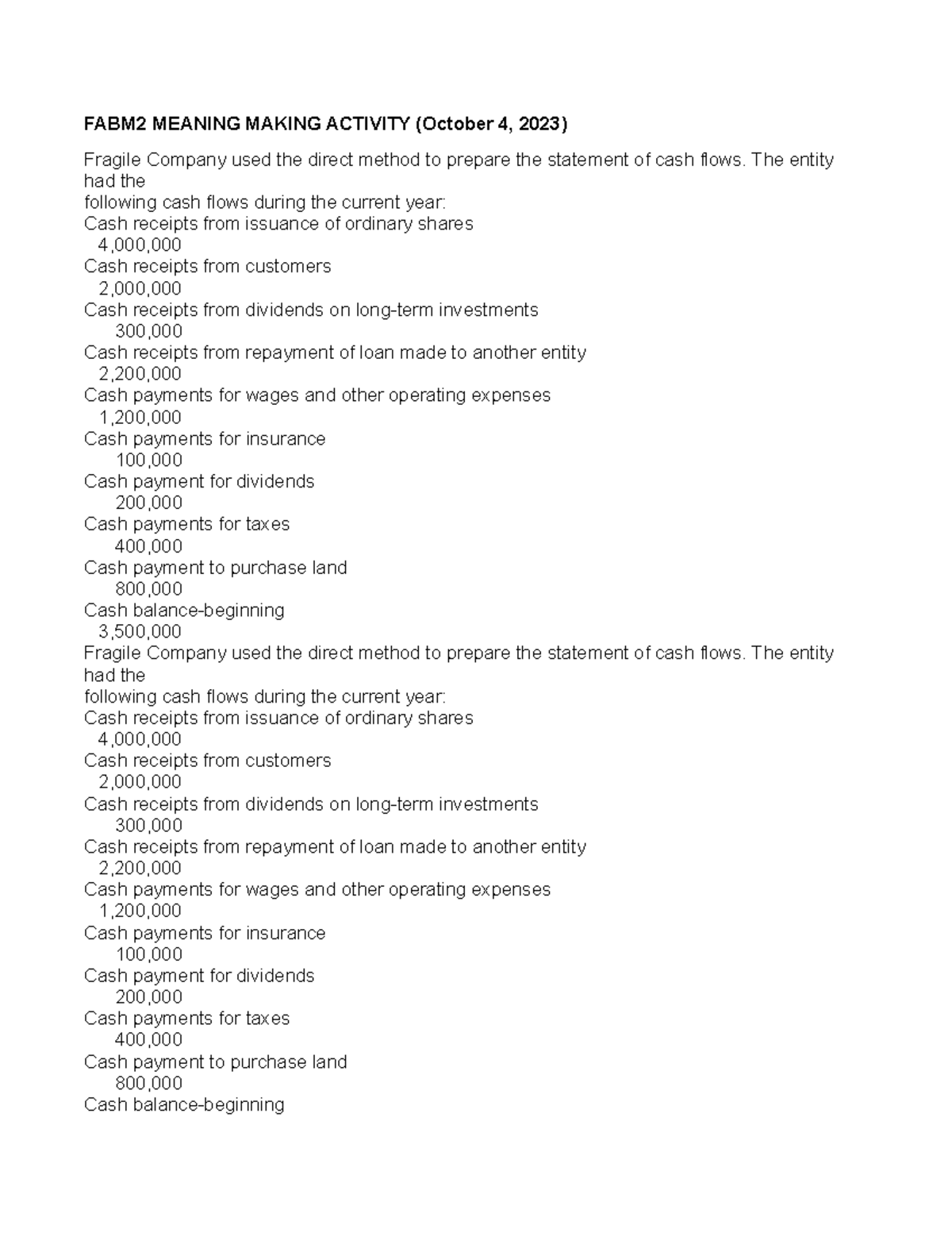 FABM2 Statement of Cash Flows Using Direct Method Analysis - Studocu
