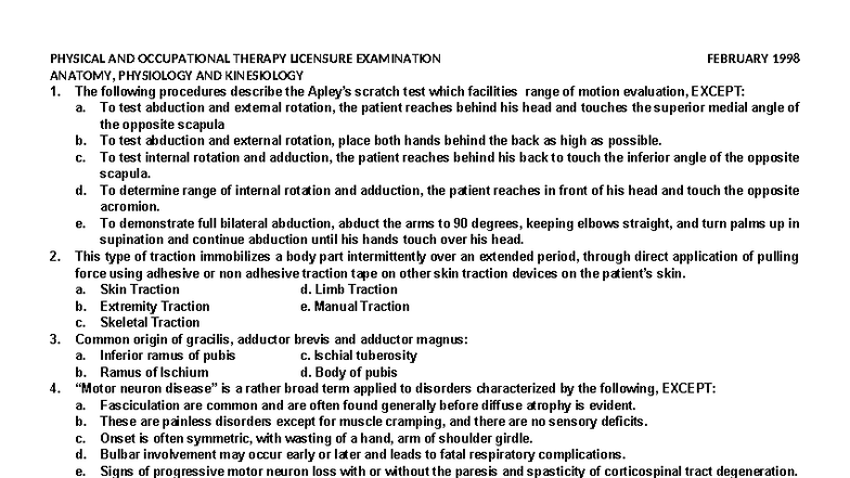 PHYSICAL AND OCCUPATIONAL THERAPY LICENSURE EXAMINATION: ANATOMY ...