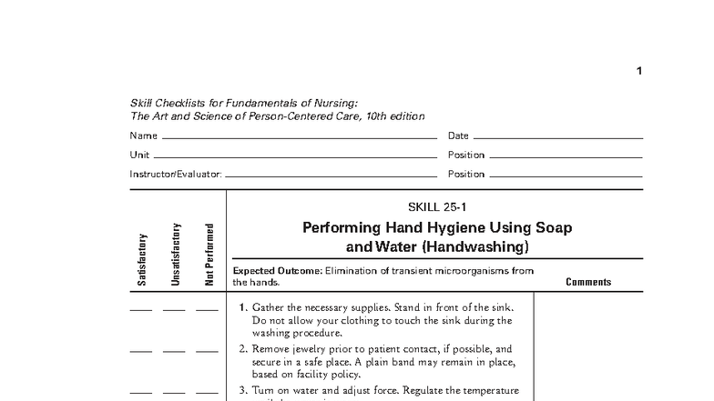 Skill Checklist for Nursing Fundamentals: Hand Hygiene (Skill 25-1 ...