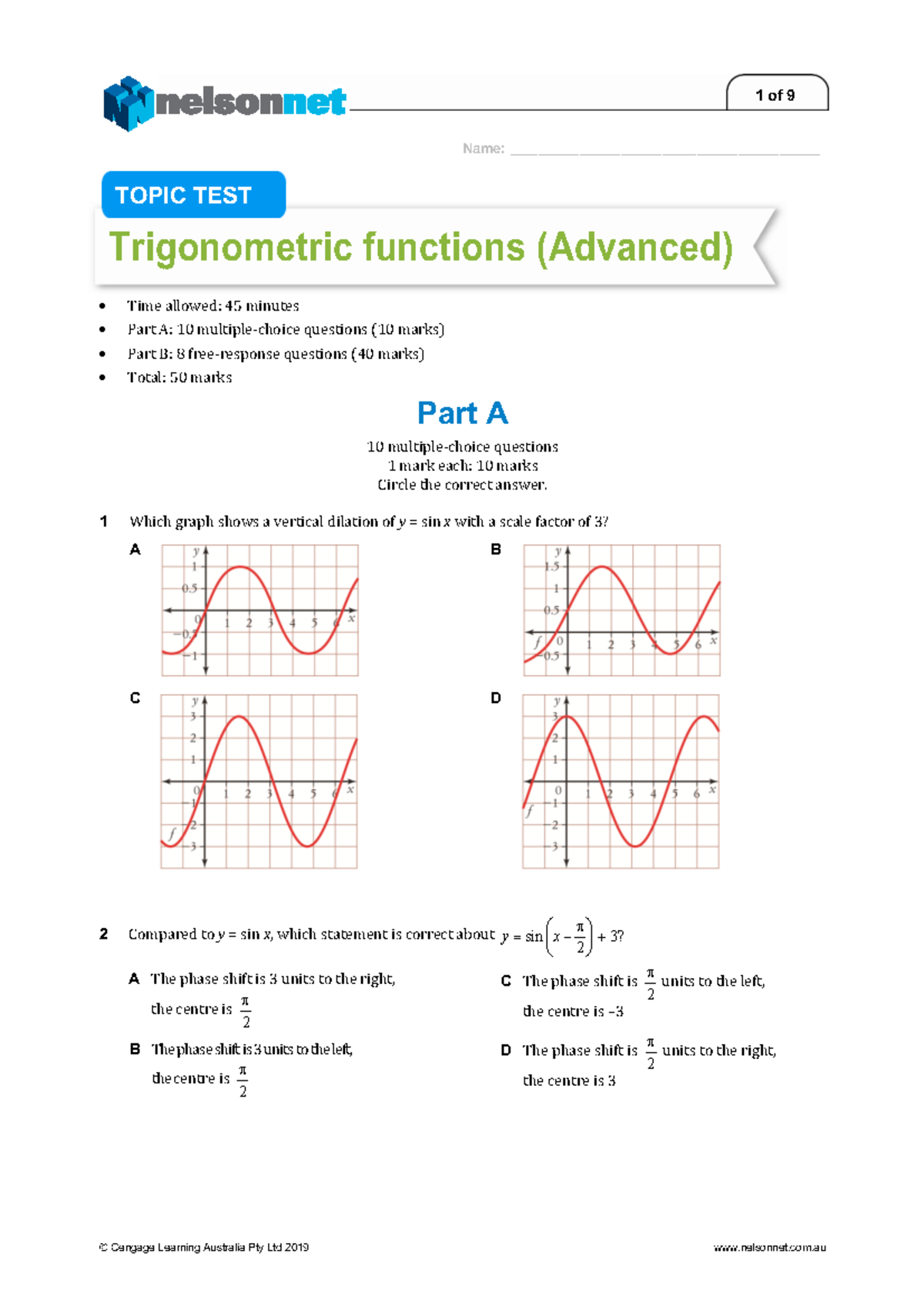 Advanced Trigonometric Functions Topic Test (45 min) - 1 of 9 - Studocu