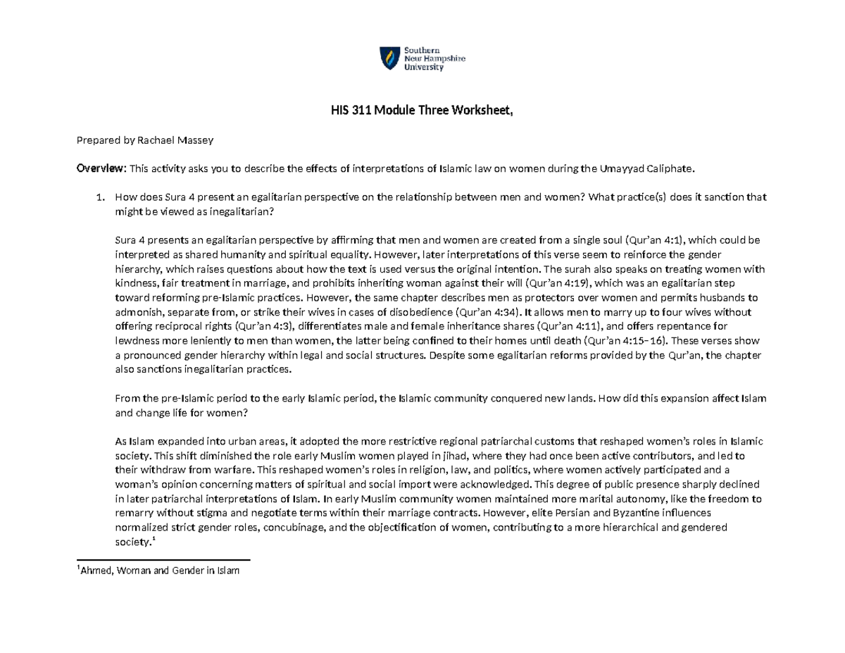 HIS 311 Module 3 Worksheet: Islamic Law's Impact on Women - Studocu