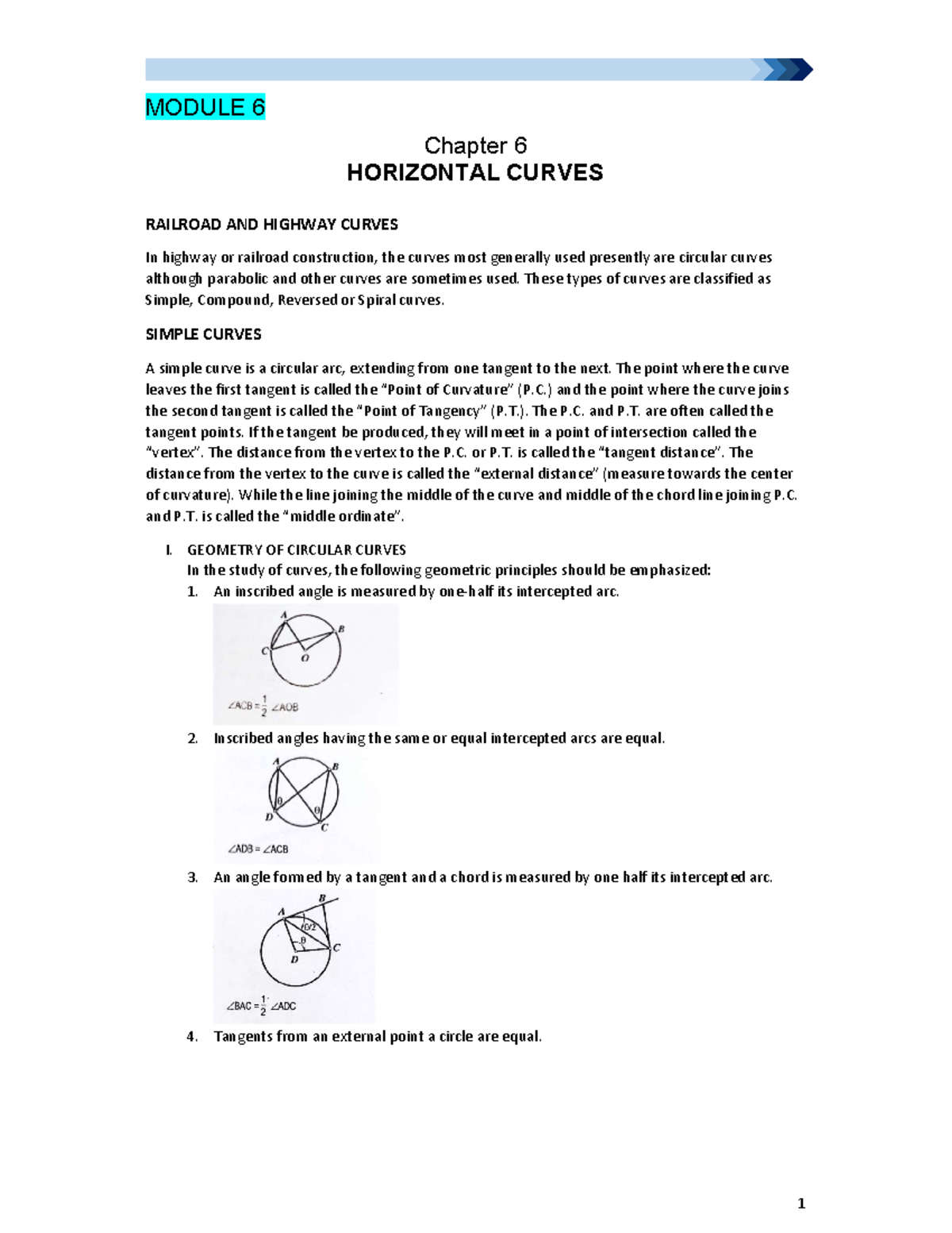 Module 6 Horizontal Curves - MODULE 6 Chapter 6 HORIZONTAL CURVES RAILROAD AND HIGHWAY CURVES In ...
