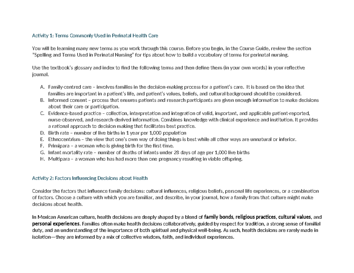 Perinatal Health Care Terms: A Comprehensive Overview - Studocu