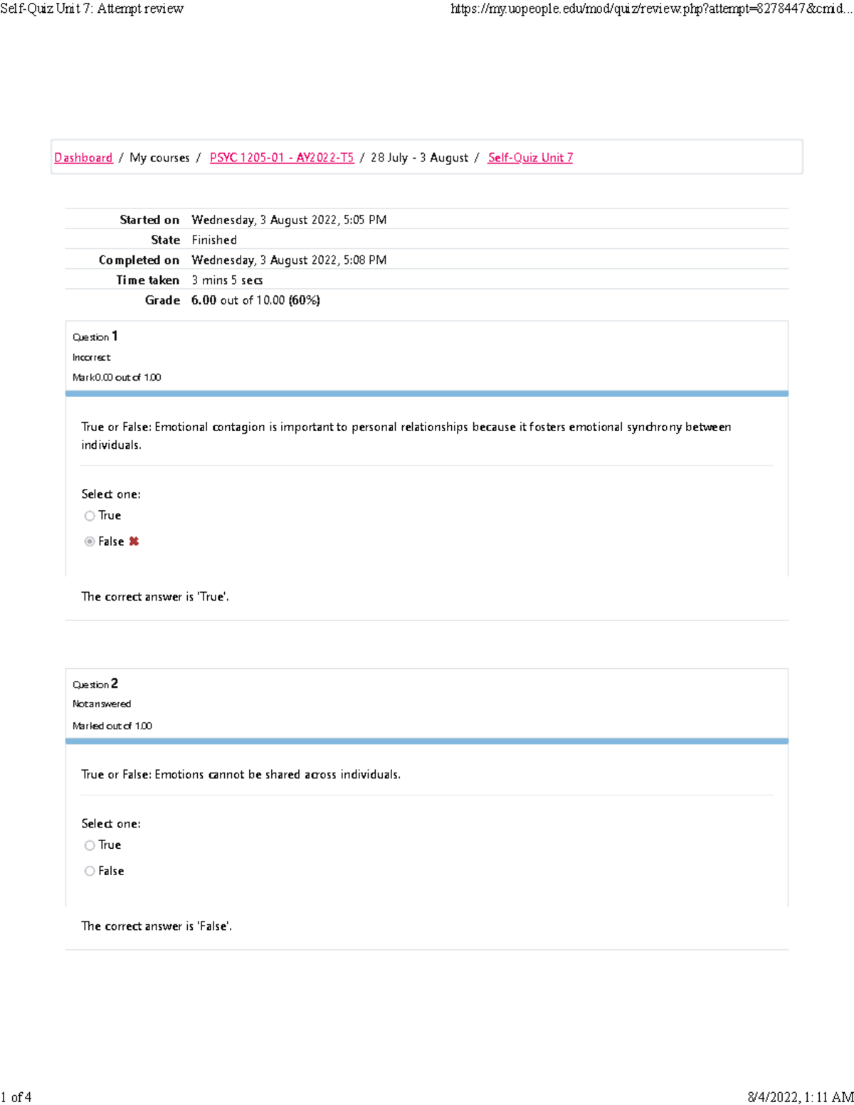 7 - Emotional Intelligence PSYC 1205 self quiz unit 7 - Started on ...