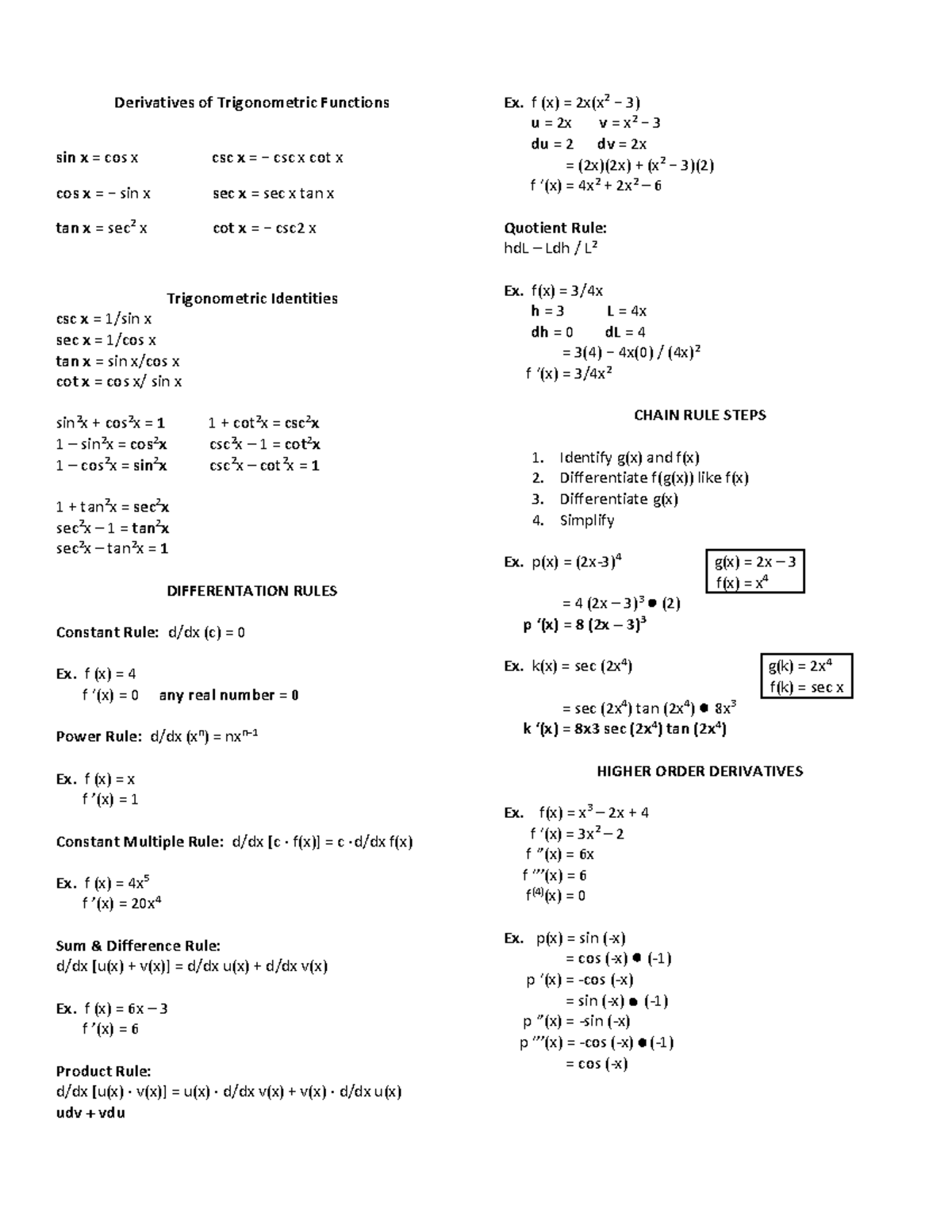 Bascal Reviewer: Prelims on Derivatives & Trigonometric Functions - Studocu