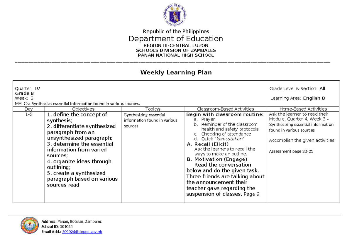 WLP 4TH WEEK 3 - weekly learning plan english - Department of Education ...