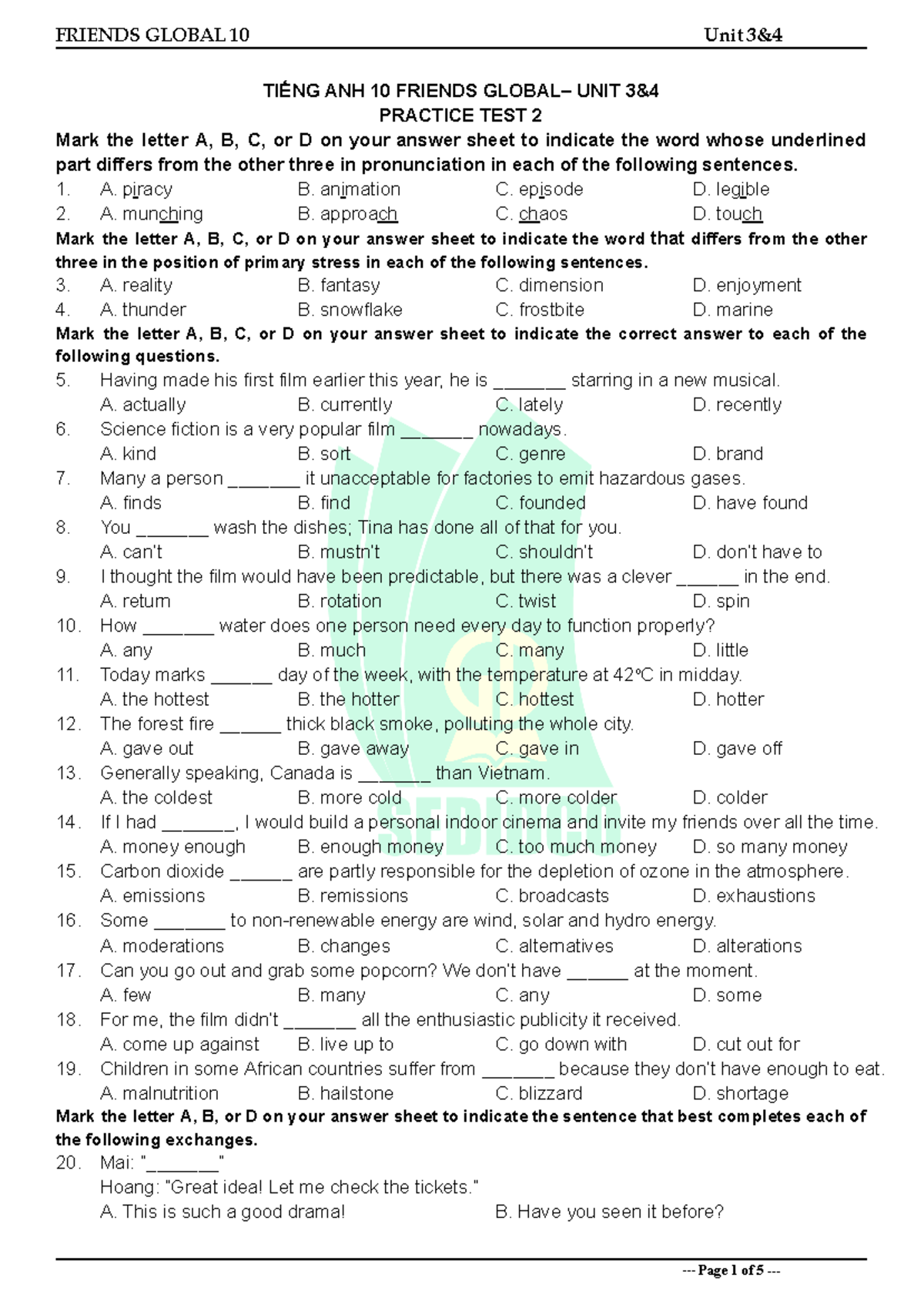 Tiếng Anh 10 FRIENDS GLOBAL - Unit 3&4 - Practice Test 2 - Studocu