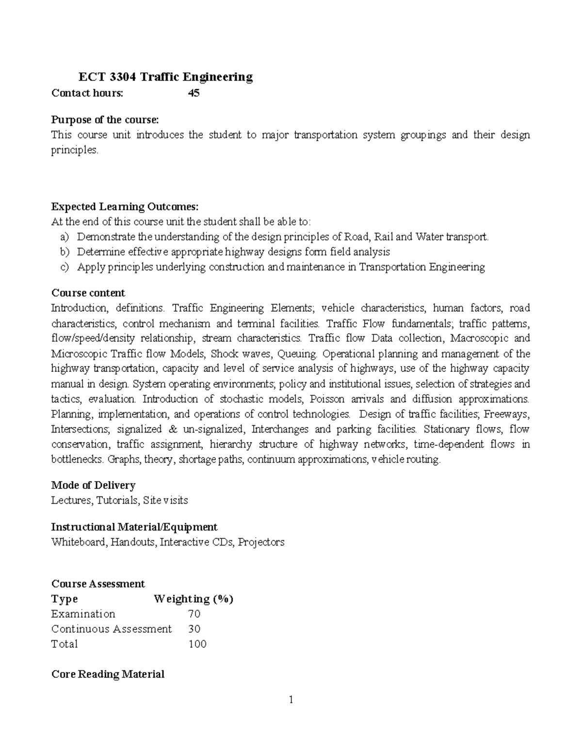 ECT 3304 Traffic Engineering Course Outline and Learning Outcomes - Studocu