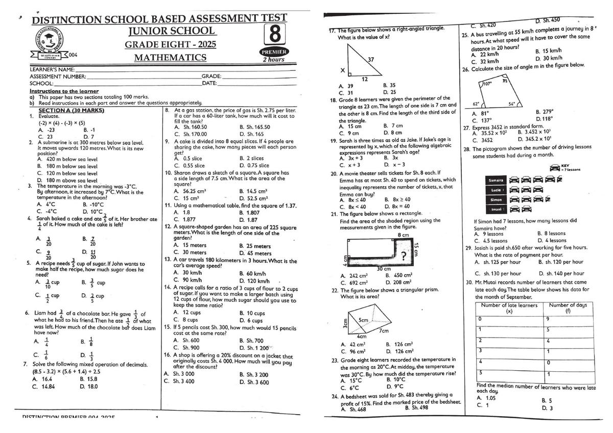 DISTINCTION SCHOOL BASED ASSESSMENT TEST GRADE 8 MATHS & ENGLISH 2025 ...