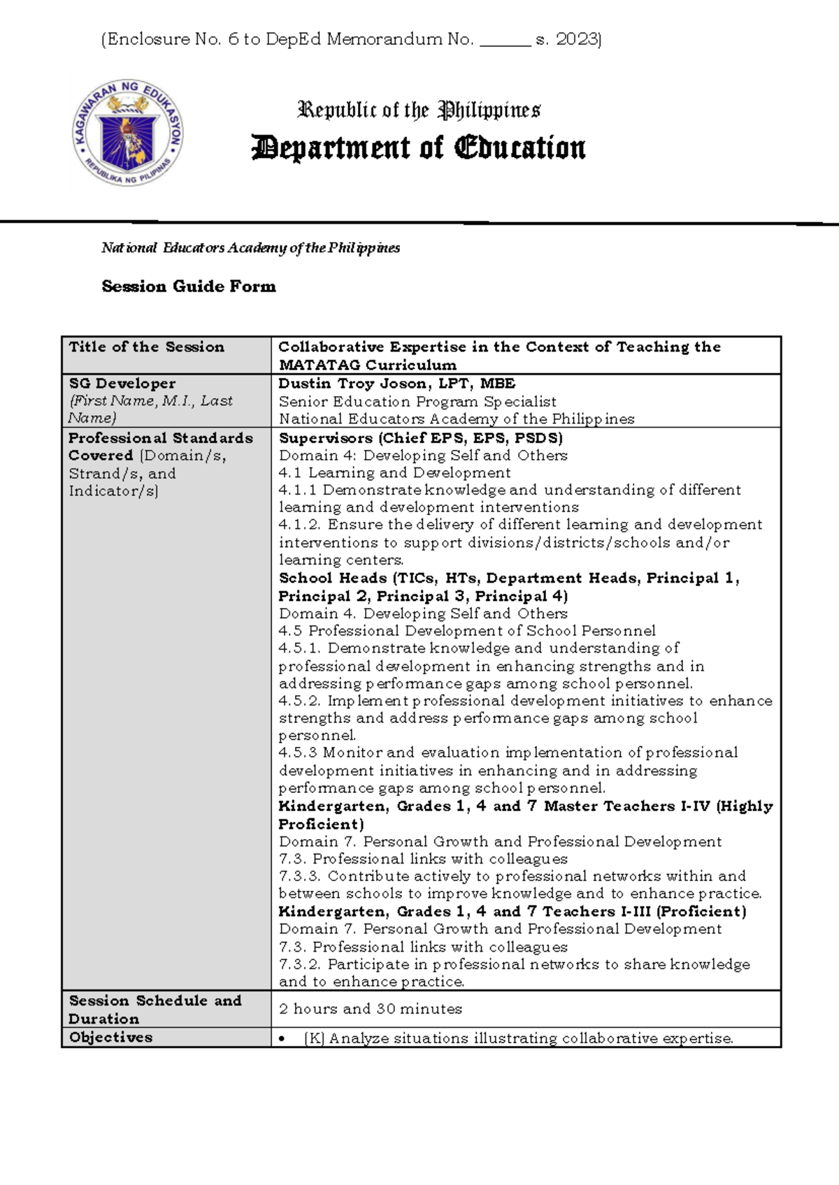 Collaborative Expertise Session Guide for MATATAG Curriculum (SG) - Studocu