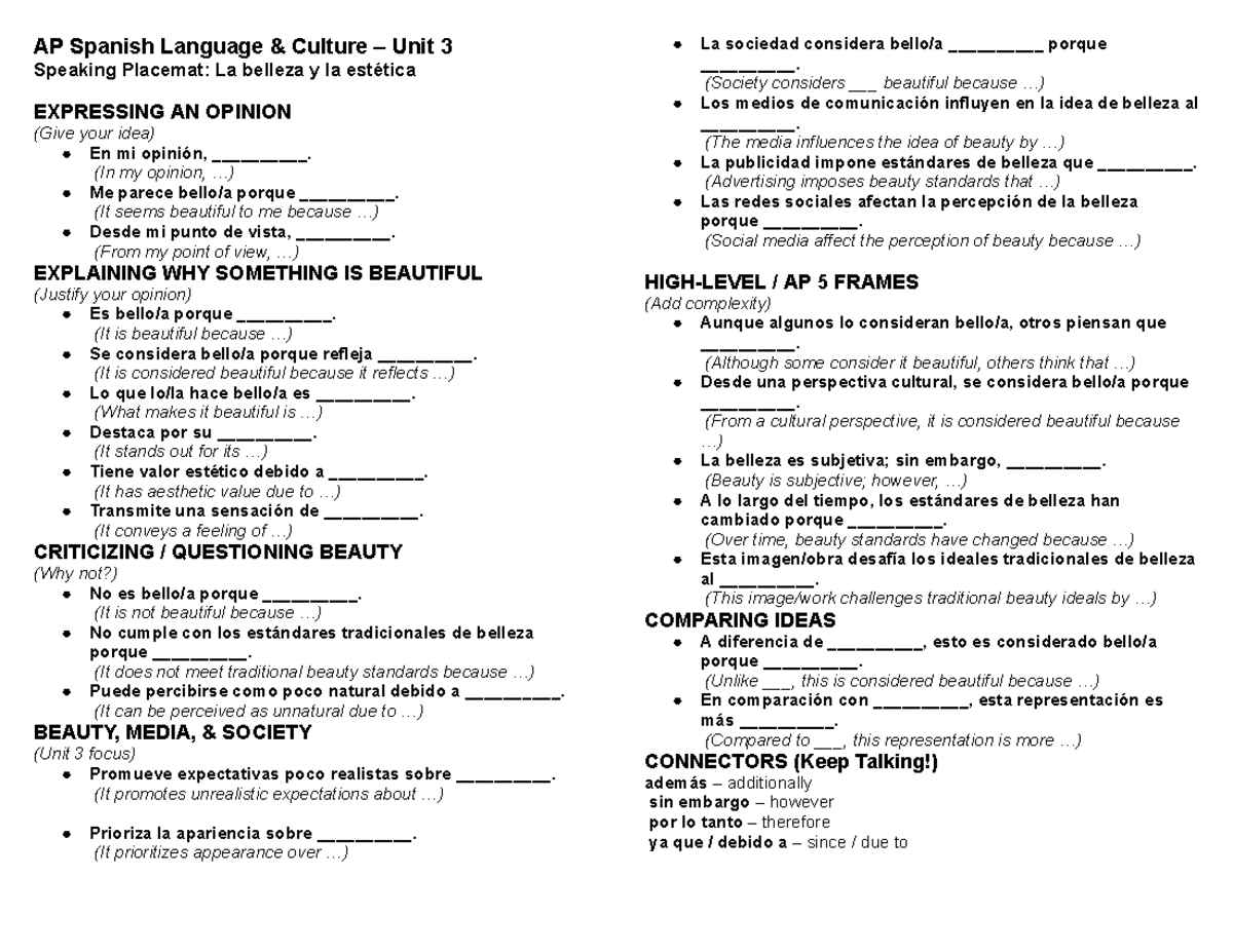 AP Spanish Language & Culture – Unit 3 Speaking Placemat: La belleza y ...