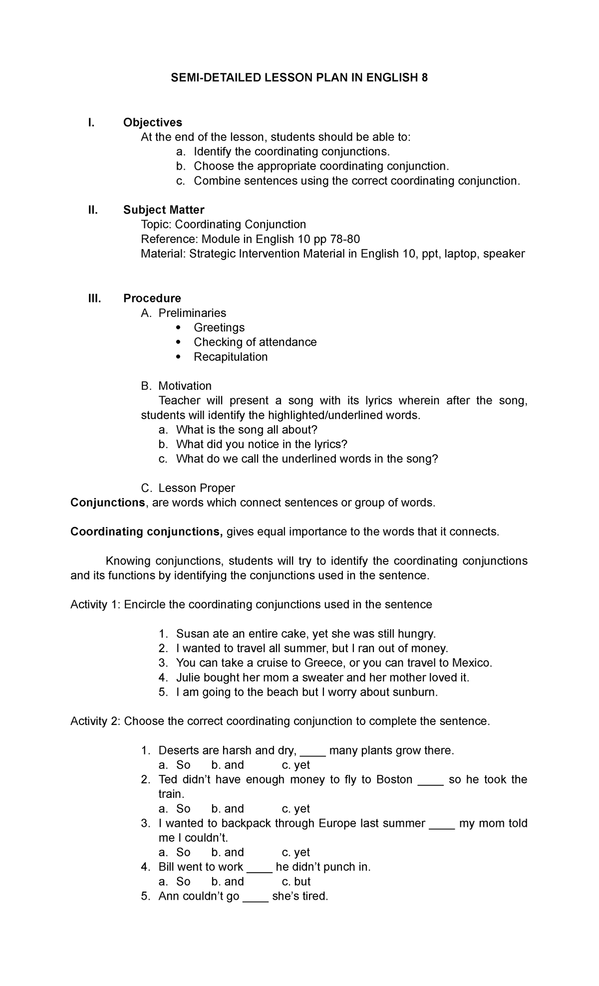 English 8 LP: Exploring Coordinating Conjunctions and Their Uses - Studocu