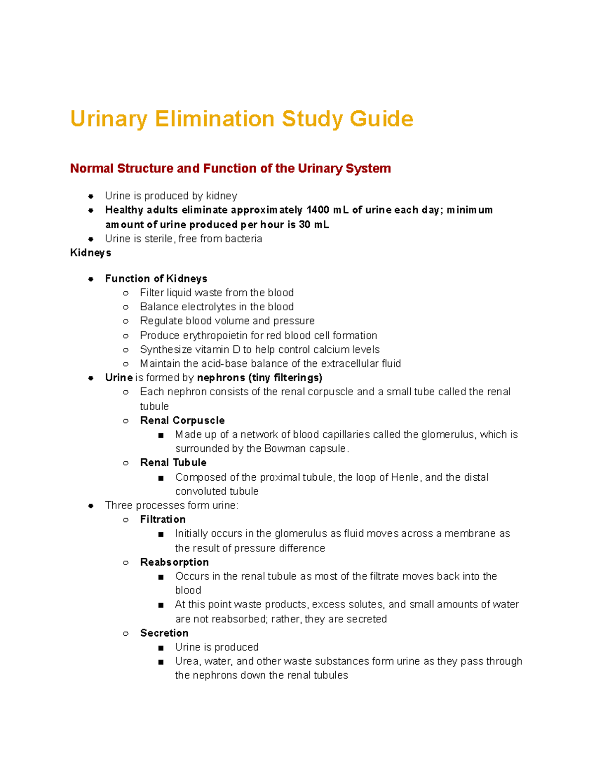 Urinary Elimination Study Guide: Structure, Function & Disorders (NUR ...