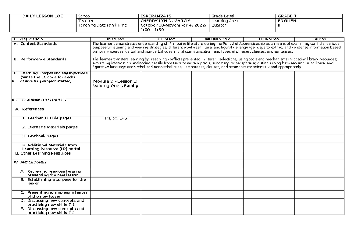 Eng 7 Q2 week 1 2022-2023 - DAILY LESSON LOG School ESPERANZA IS Grade ...