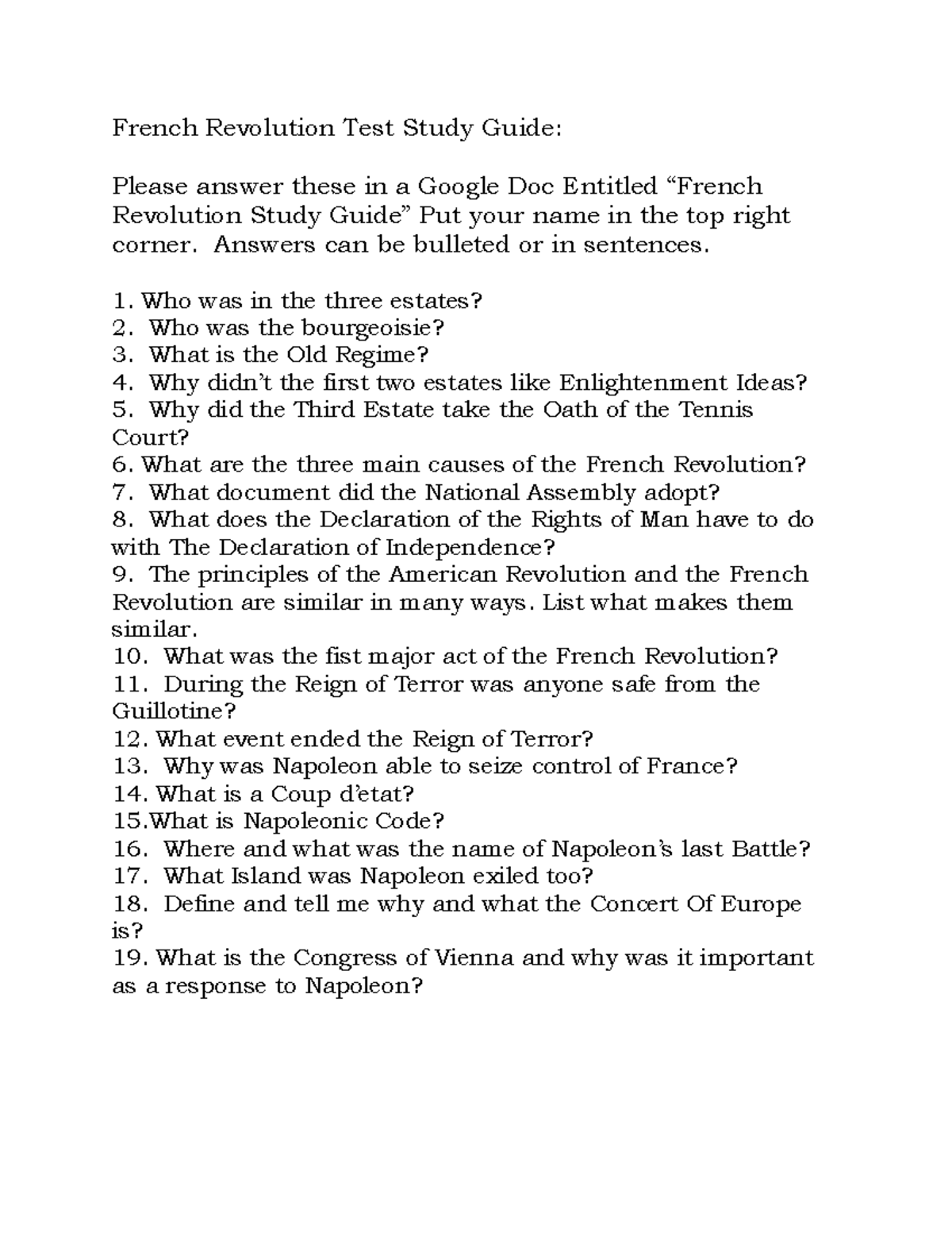 French Revolution Test Study Guide - Key Questions & Notes - Studocu