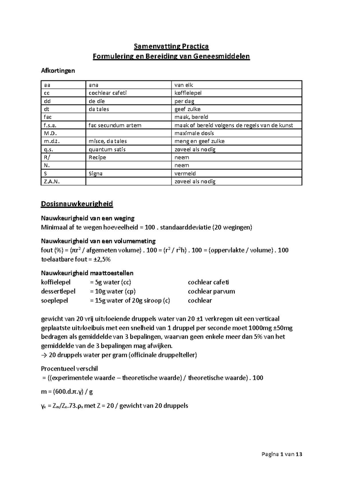 Samenvatting practica Formulering en bereiding van geneesmiddelen ...