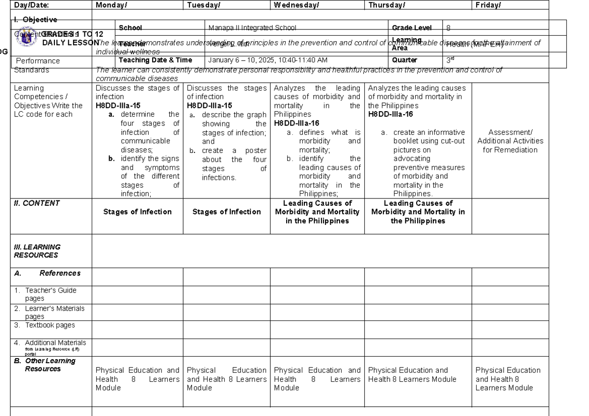 Q3 W1 Health Lesson Plan: Stages of Infection & Morbidity Analysis ...