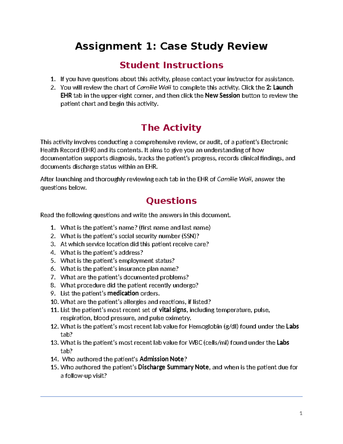 Assignment 1 - Patient EHR Case Study Review and Audit - Studocu