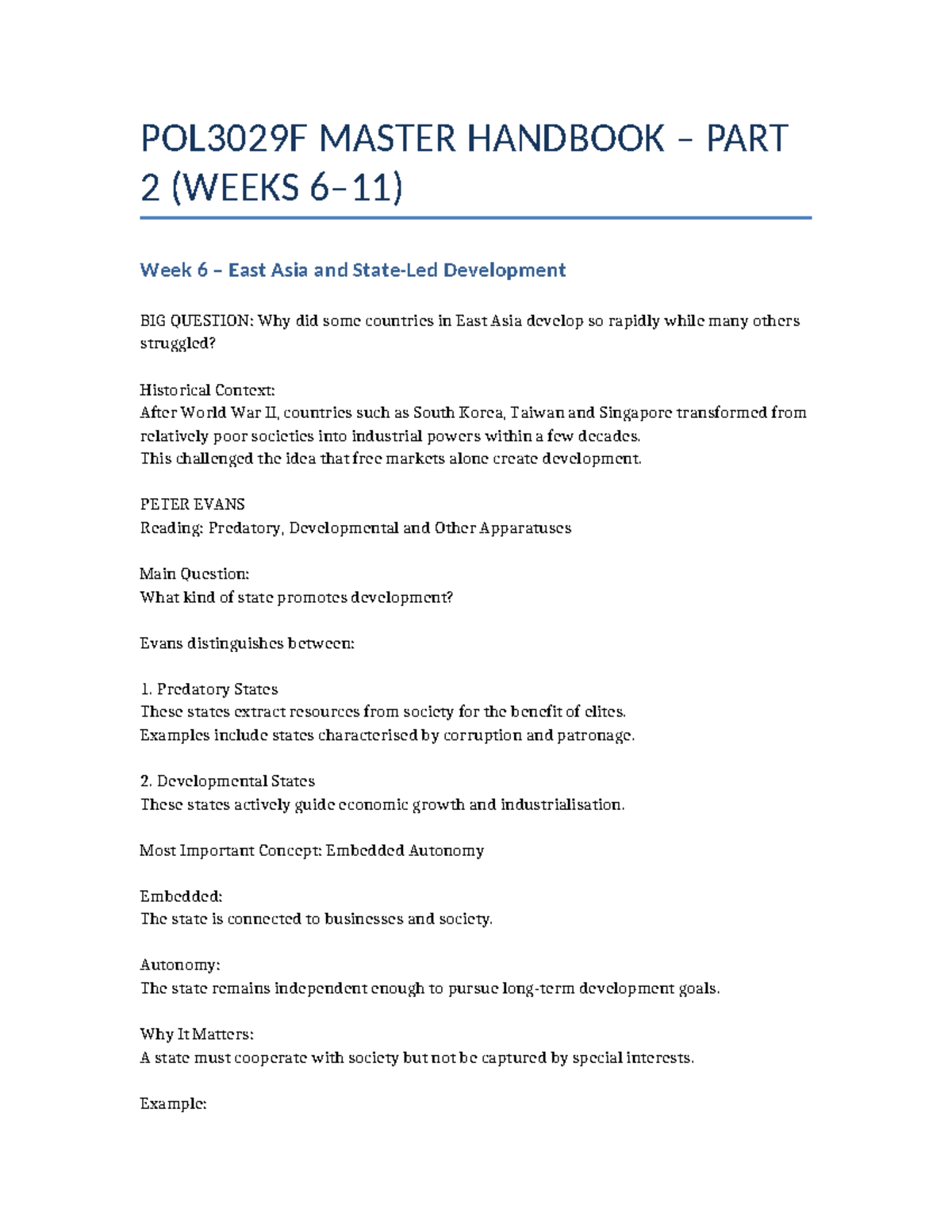POL3029F Master Handbook Part 2: Weeks 6-11 Overview and Key Concepts ...