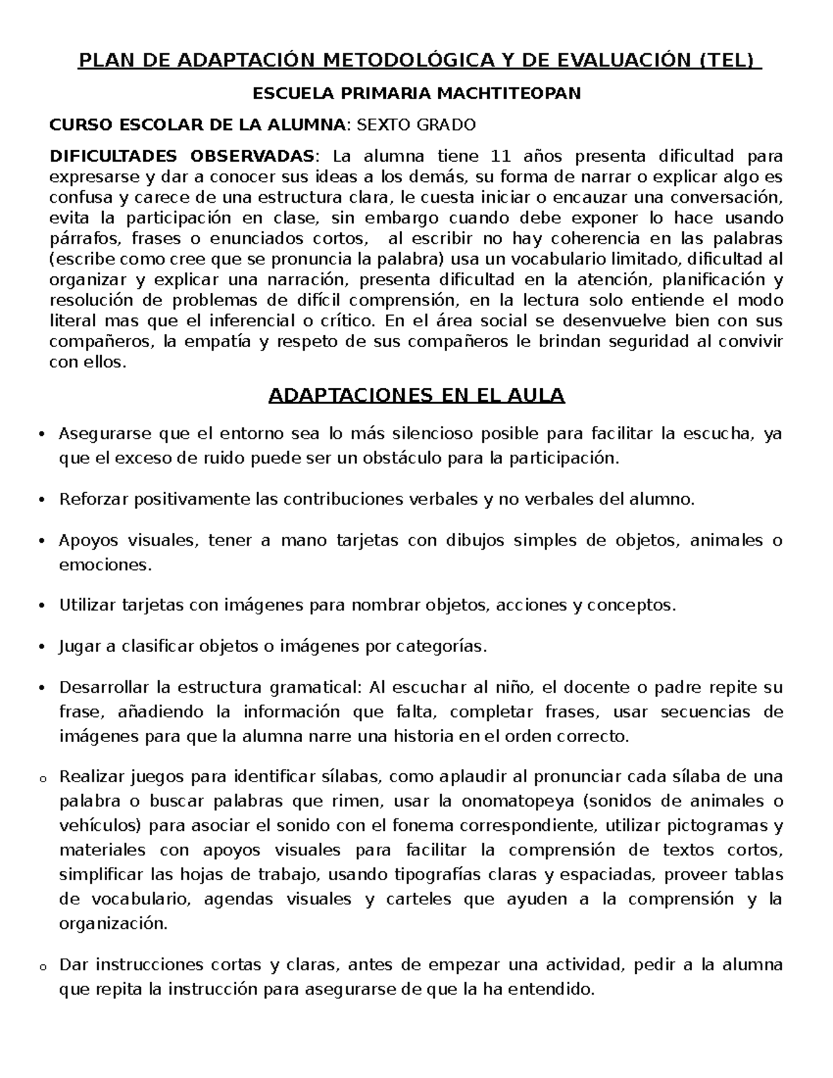 PLAN DE ADAPTACIÓN METODOLÓGICA Y EVALUACIÓN (TEL) ESC. PRIM ...