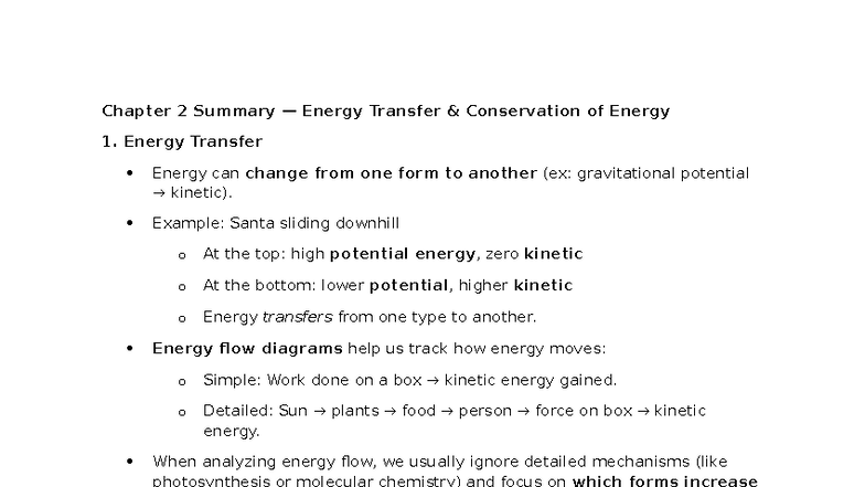 Chapter 2 Summary: Energy Transfer & Conservation (Physics 101) - Studocu