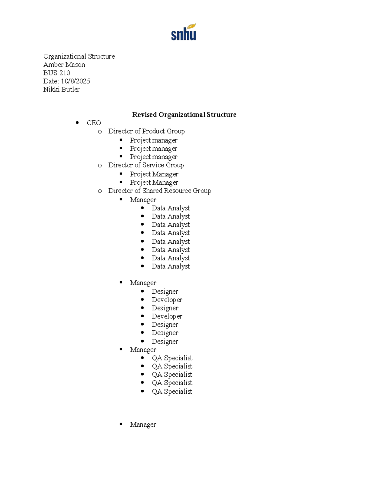 BUS 210 Organizational Structure Overview and Roles - Studocu
