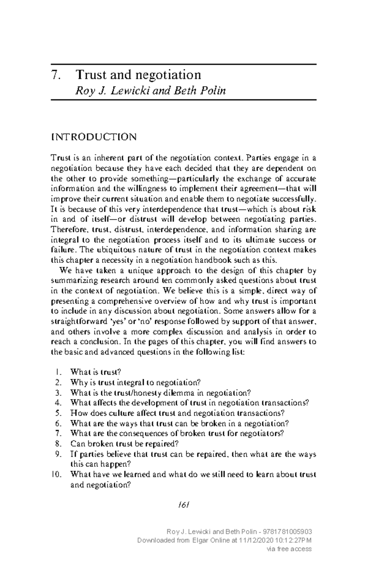 Trust and Negotiation: Insights from Lewicki & Polin's Handbook - Studocu