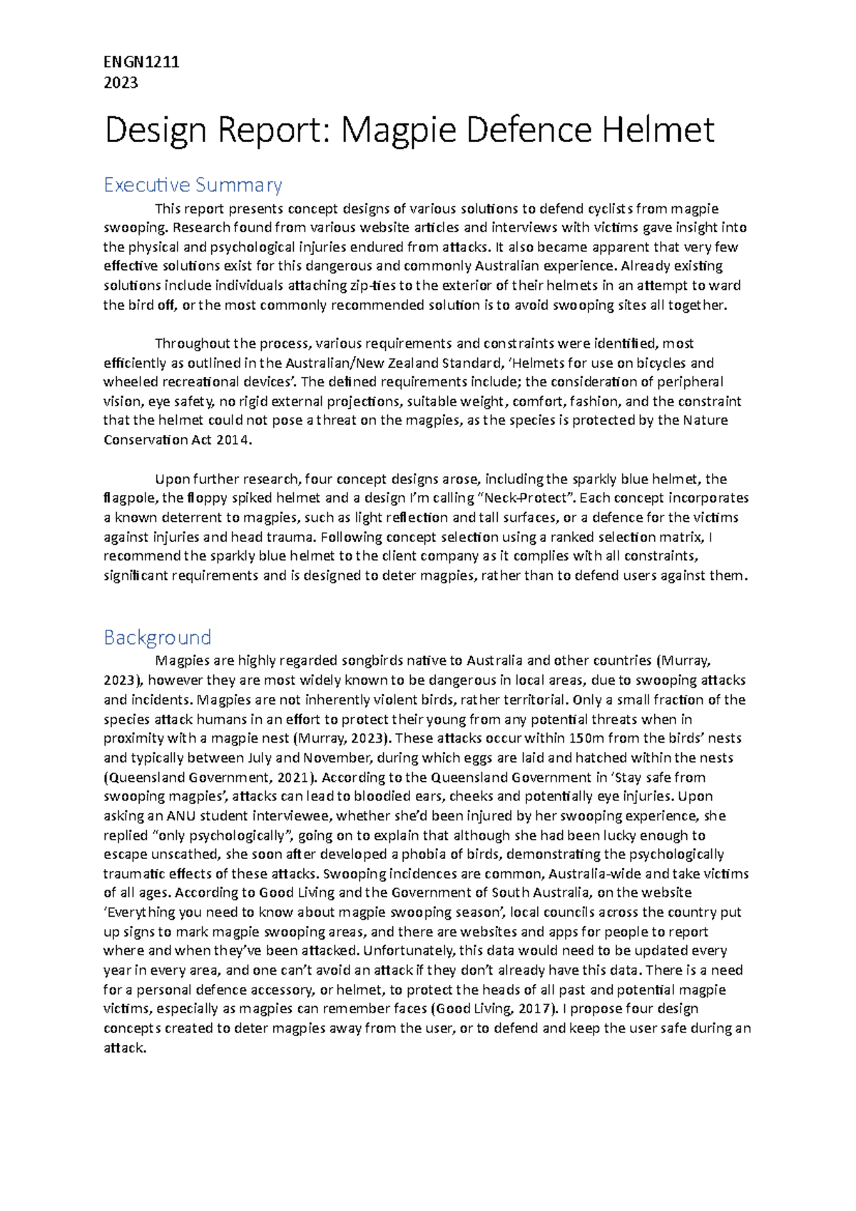 ENGN1211 2023 Design Report: Magpie Defence Helmet Concepts and ...