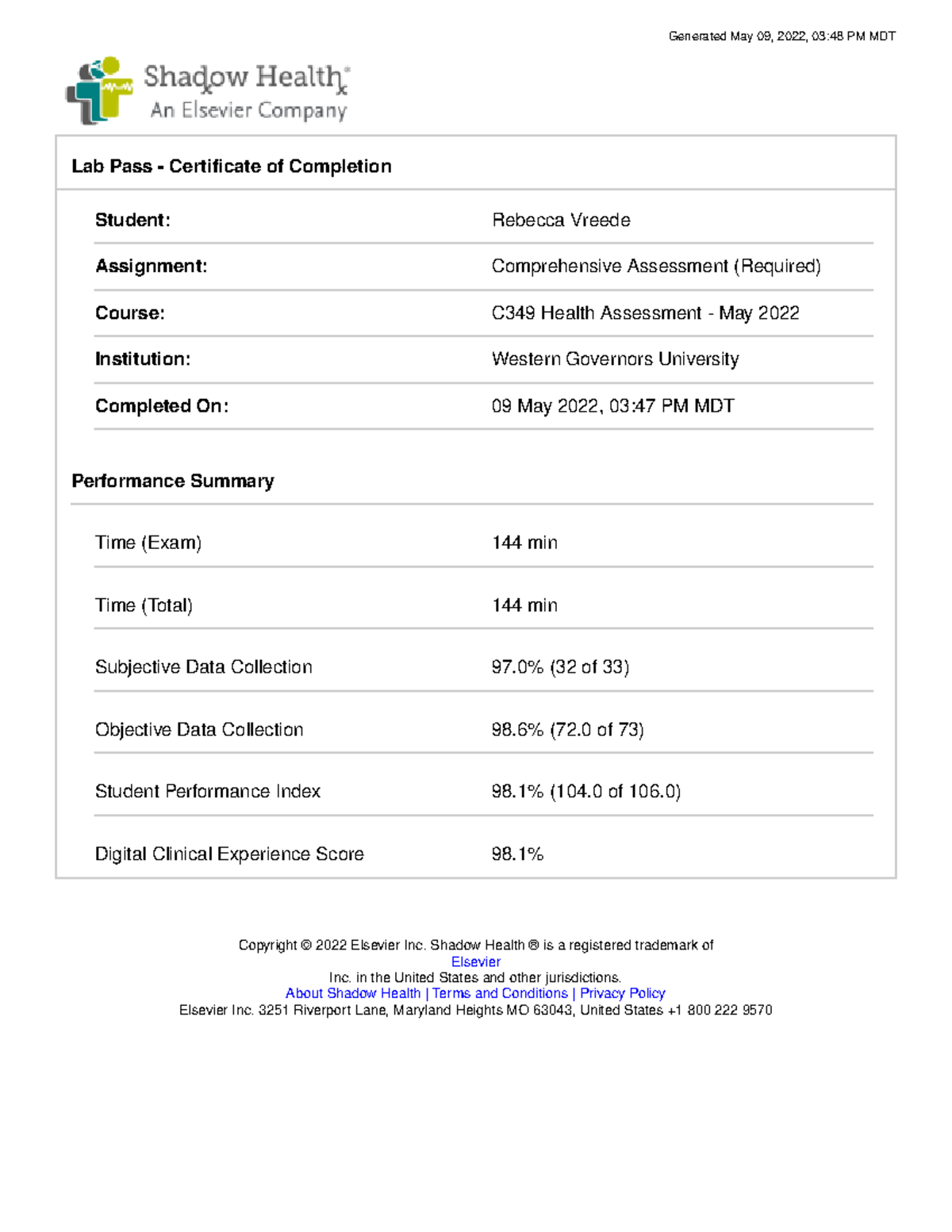 C349 Health Assessment Lab Pass - Rebecca Vreede's Performance Summary ...