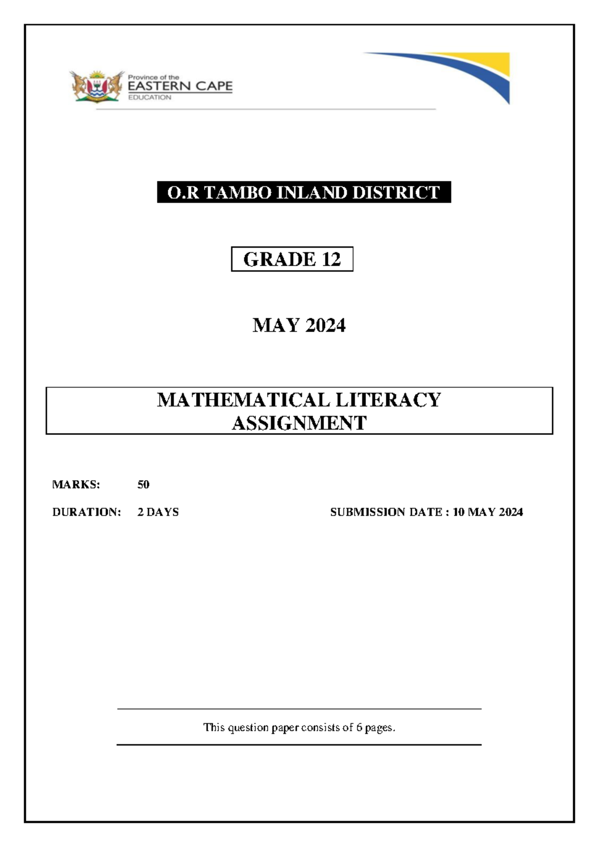Grade 12 Mathematical Literacy Assignment Term 2 2024 - Studocu