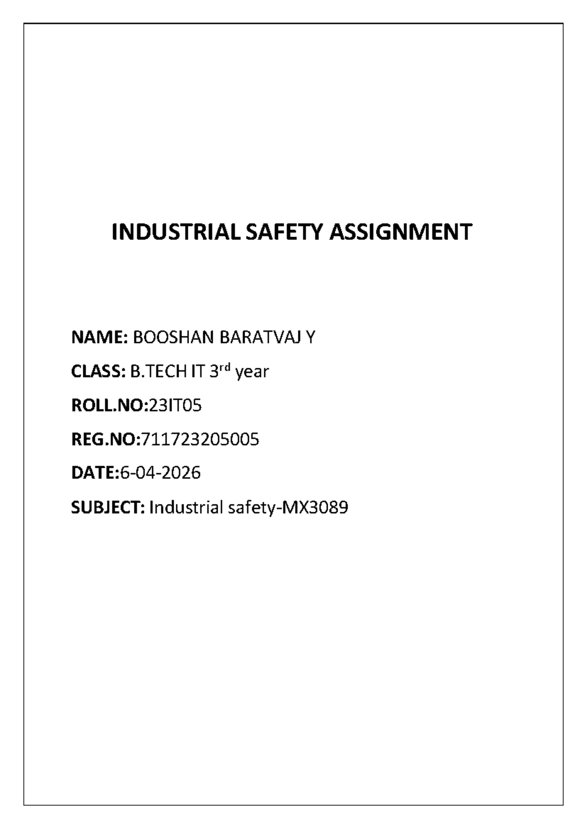 Industrial Safety Assignment: Human Error Assessment (B.TECH IT) - Studocu