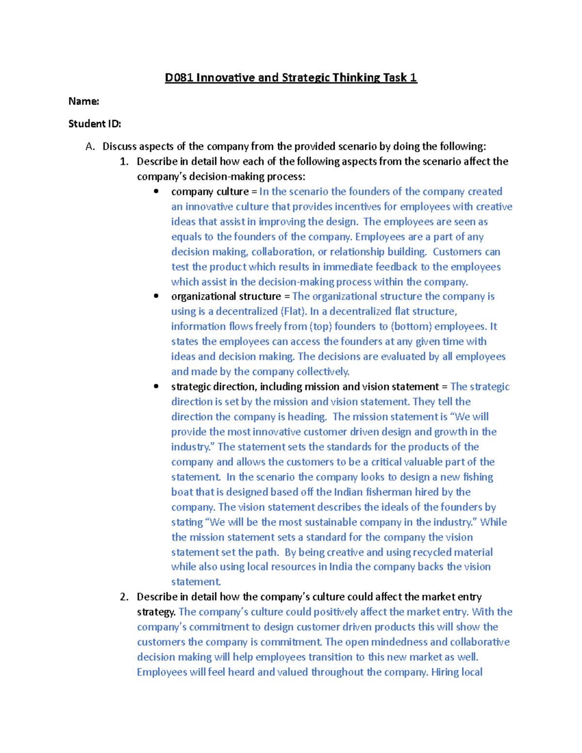 D081 Task 1 Studoc - Grade: A - D081 Innovative and Strategic Thinking ...