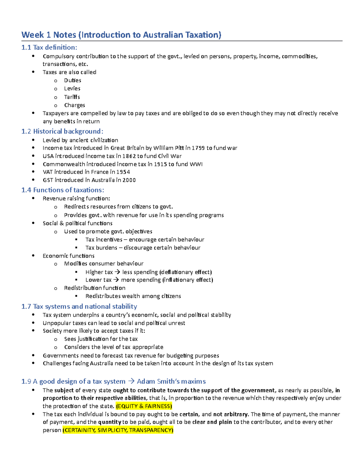 Australian Taxation Weekly Notes (Week 1 & Week 2 Overview) - Studocu