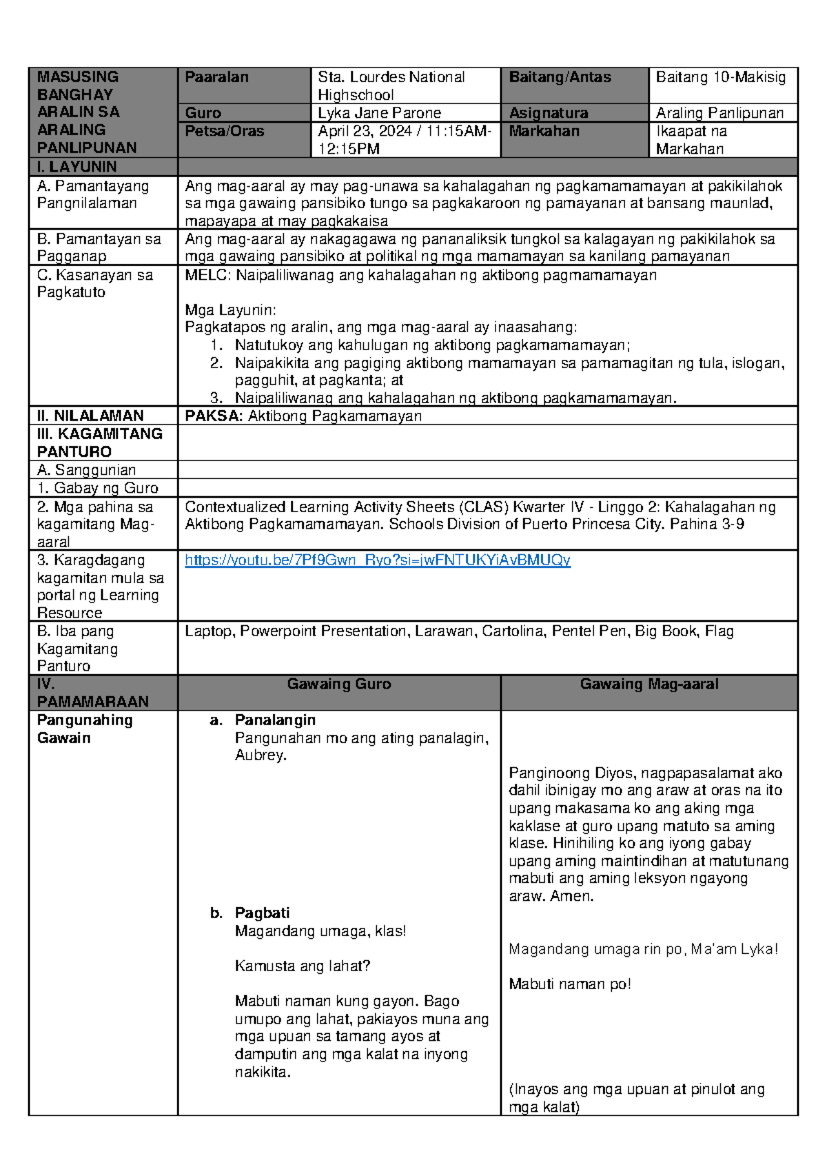 Detailed Lesson Plan on Aktibong Pagkamamamayan - Grade 10 - Studocu
