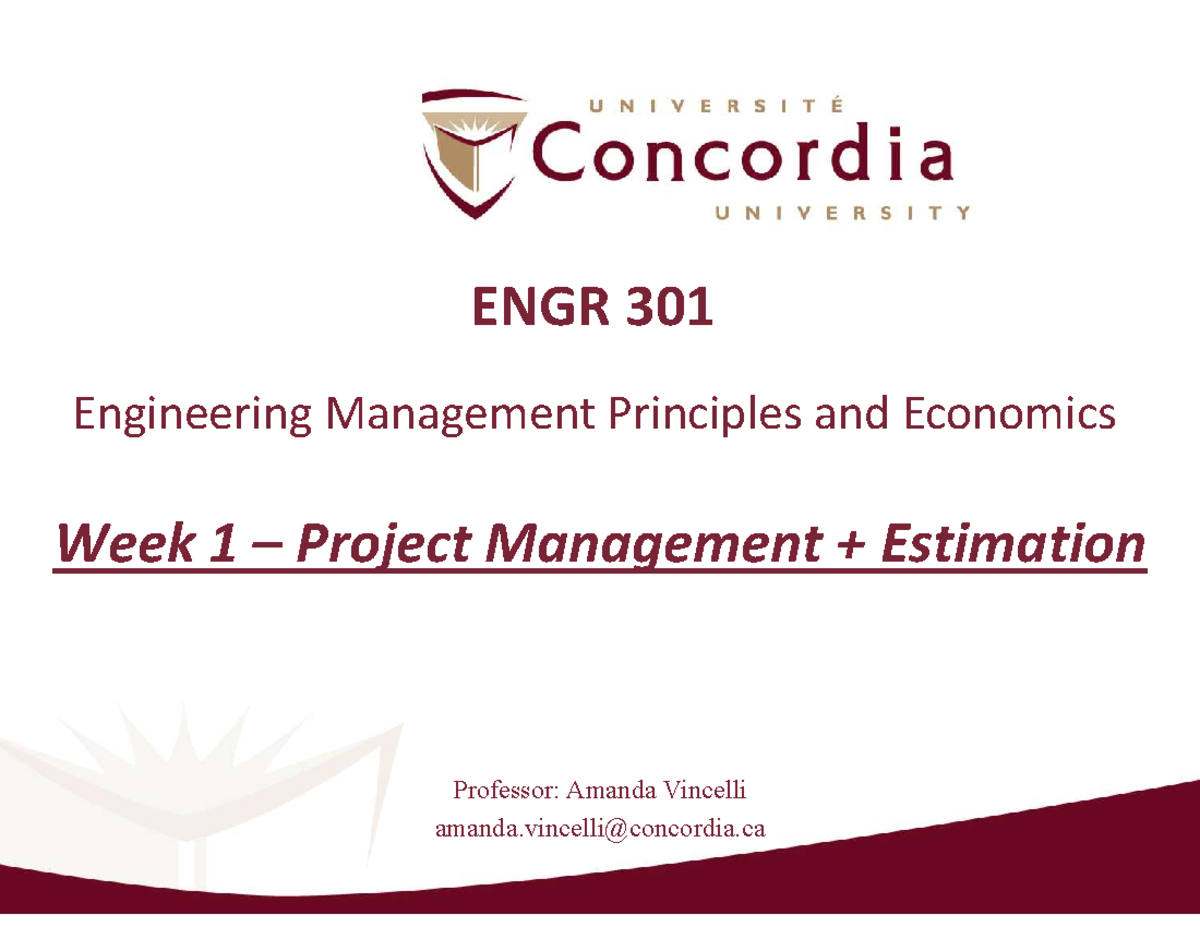 Week 1 - Project Management Estimation - ENGR 301(H) - Fall 2025 - Studocu