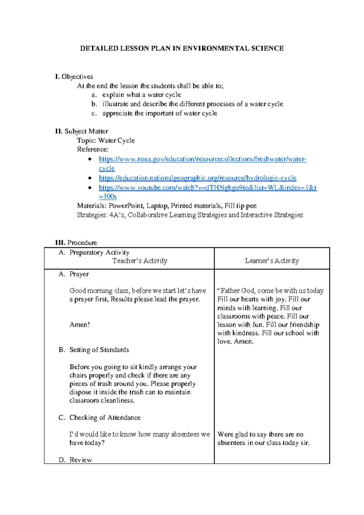 Detailed Lesson Plan: Water Cycle in Environmental Science (BSED ...