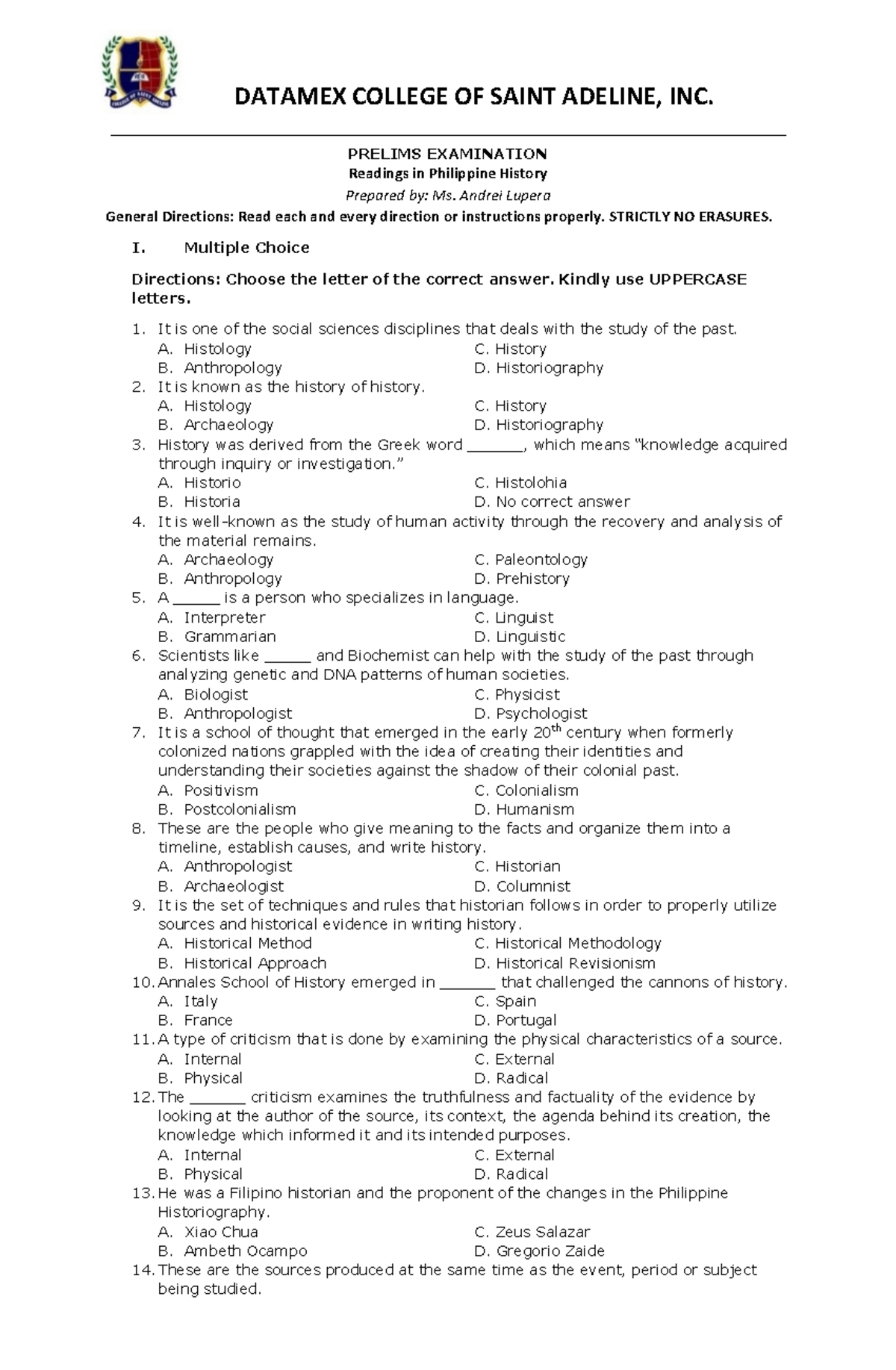 RPH Prelims-Ms. Lupera - DATAMEX COLLEGE OF SAINT ADELINE, INC. PRELIMS ...