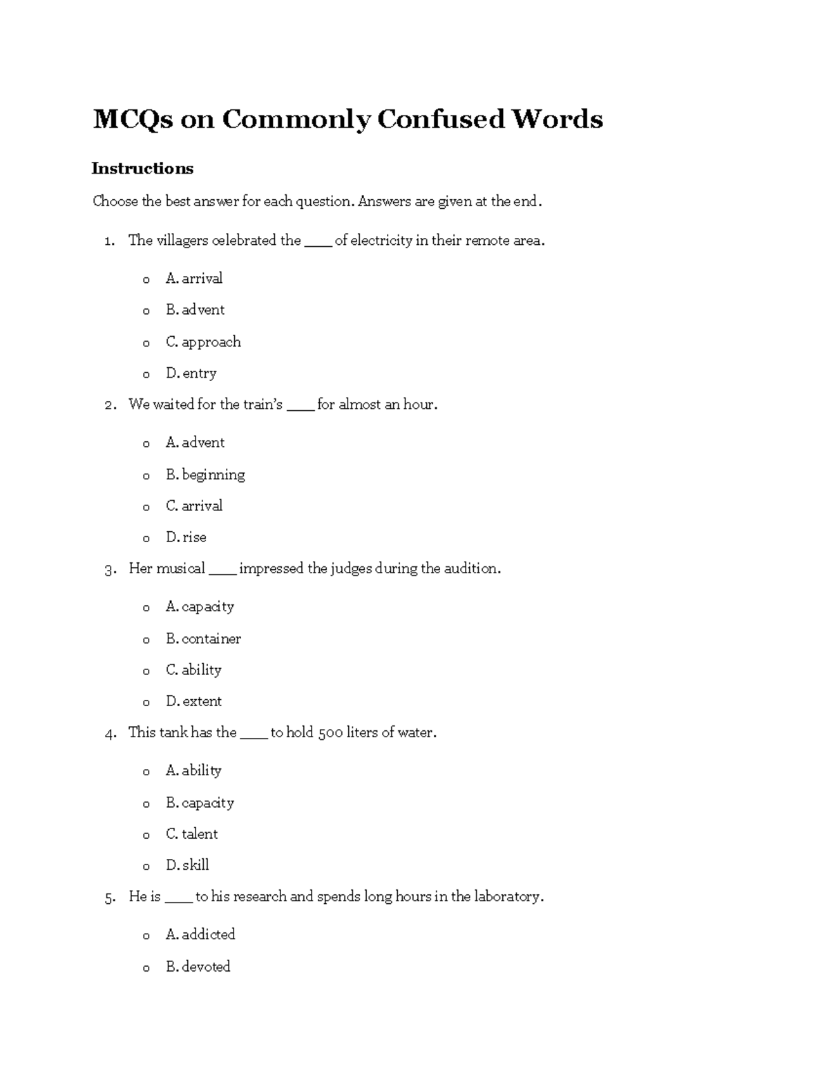 MCQs on Commonly Confused Words: Practice Questions and Answers - Studocu