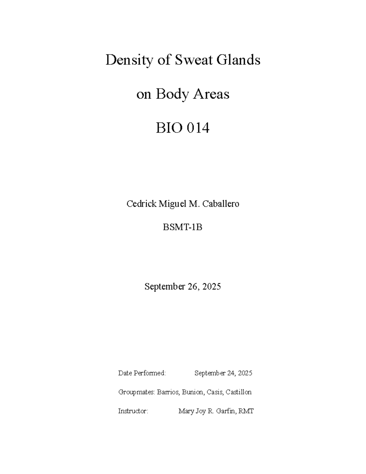 Density of Sweat Glands in Body Areas - BIO 014 Lab Report - Studocu