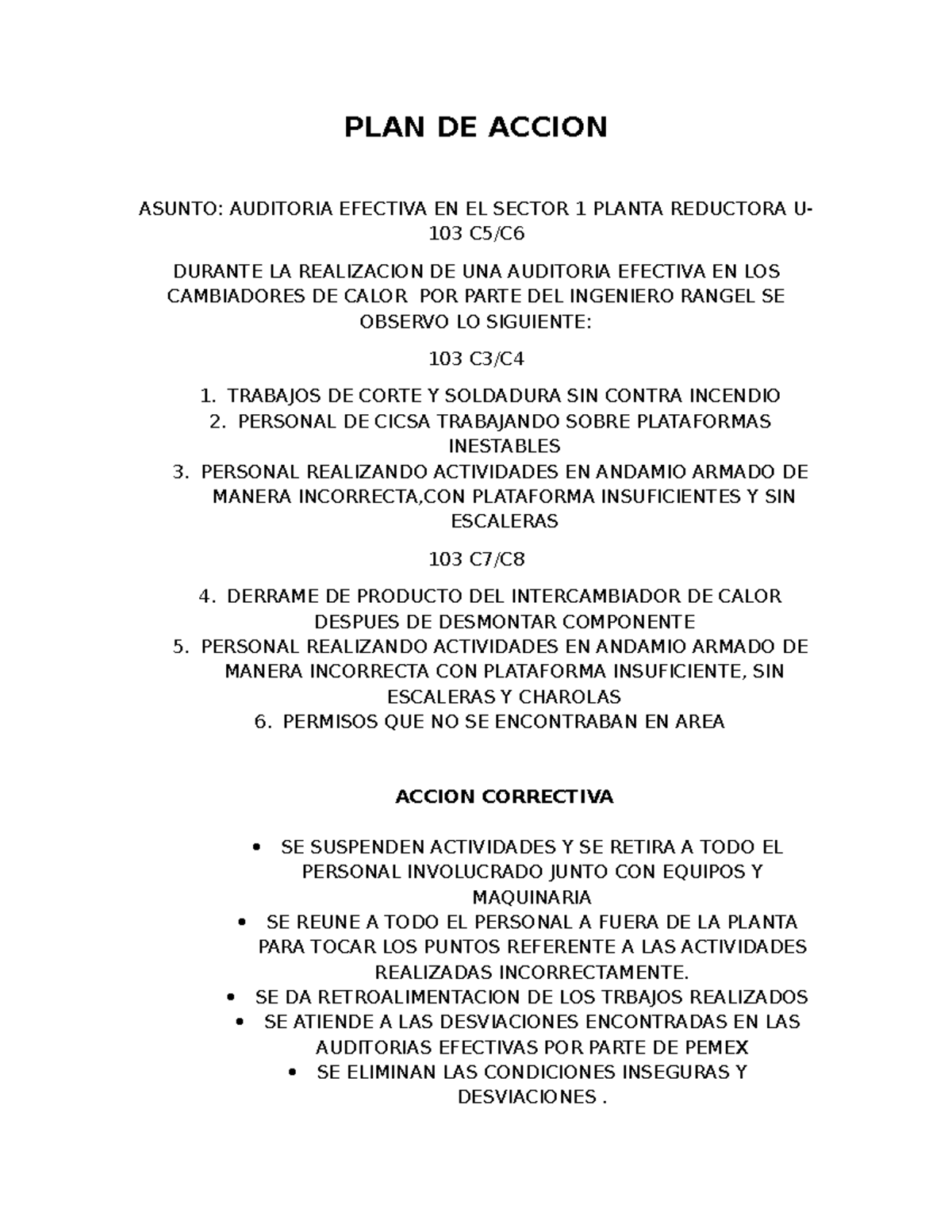 PLAN DE ACCIÓN: AUDITORÍA EFECTIVA EN PLANTA REDUCTORA U103 - Studocu