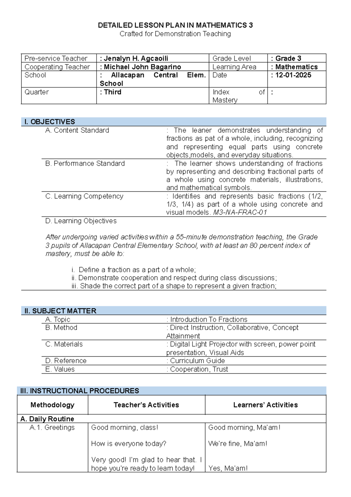 Detailed Lesson Plan: Mathematics 3 - Introduction to Fractions - Studocu