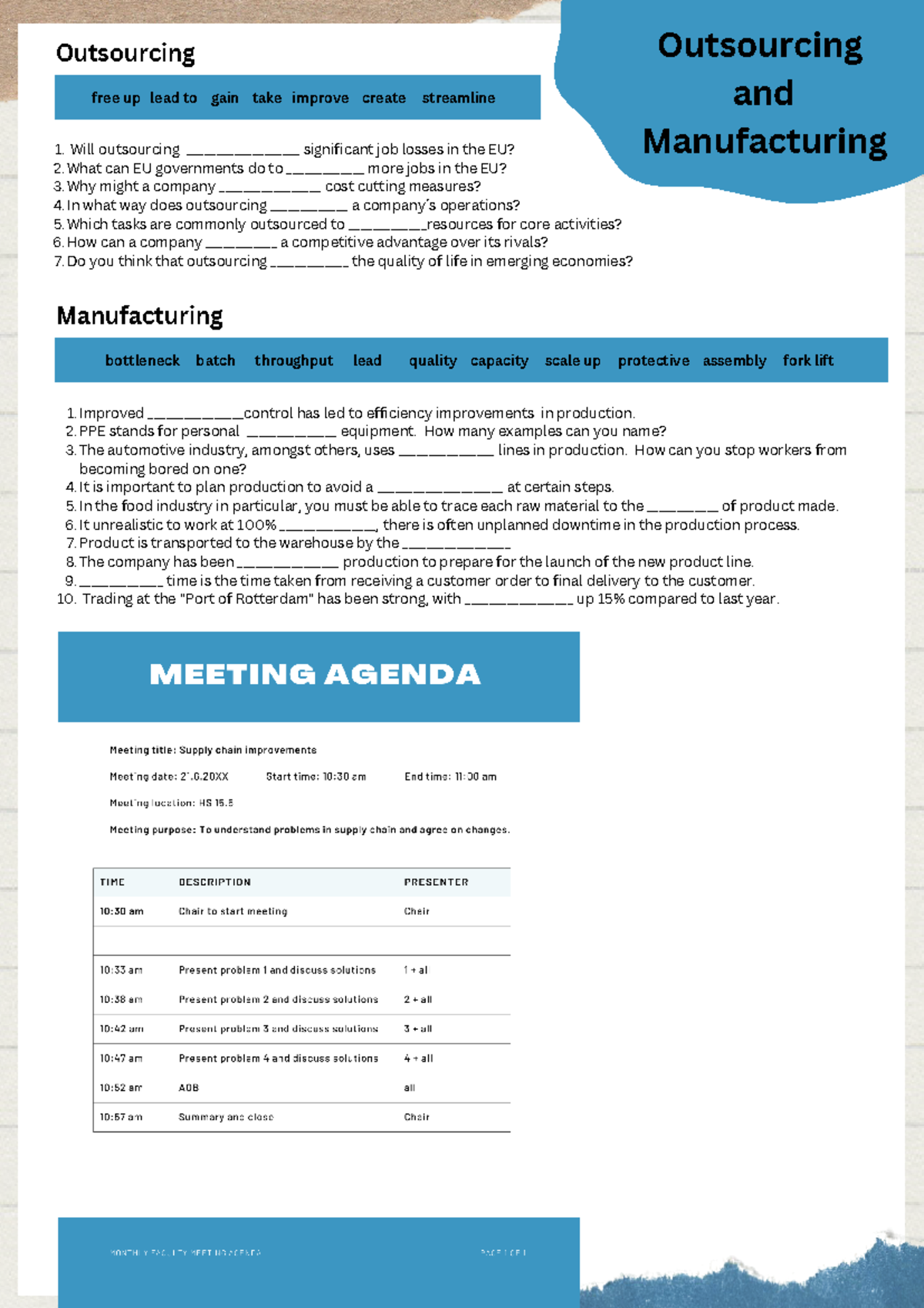 Worksheet 7 Outsourcing Manufacturing vocab - free up lead to gain take ...